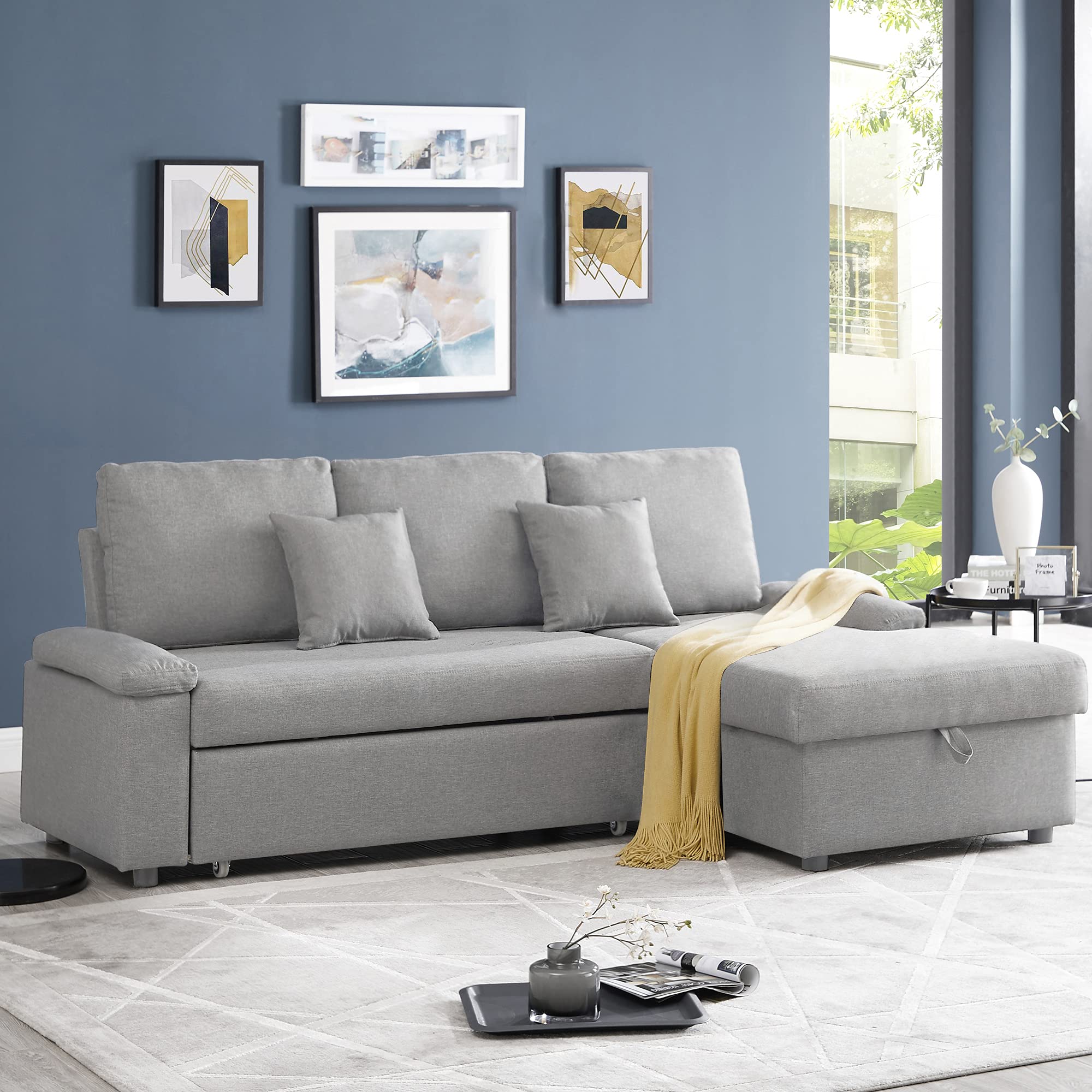 GOOD & GRACIOUS Sectional Sleeper Sofa Couch with Pull Out Bed, L Shaped Modern Sectional Sofa Bed with Chaise Lounge and Storage Function for Living Room, 34.65" x 32.68" x 86.61", Light Gray