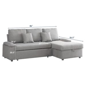 GOOD & GRACIOUS Sectional Sleeper Sofa Couch with Pull Out Bed, L Shaped Modern Sectional Sofa Bed with Chaise Lounge and Storage Function for Living Room, 34.65" x 32.68" x 86.61", Light Gray