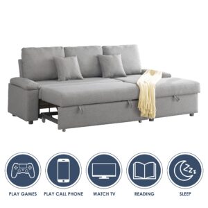 GOOD & GRACIOUS Sectional Sleeper Sofa Couch with Pull Out Bed, L Shaped Modern Sectional Sofa Bed with Chaise Lounge and Storage Function for Living Room, 34.65" x 32.68" x 86.61", Light Gray