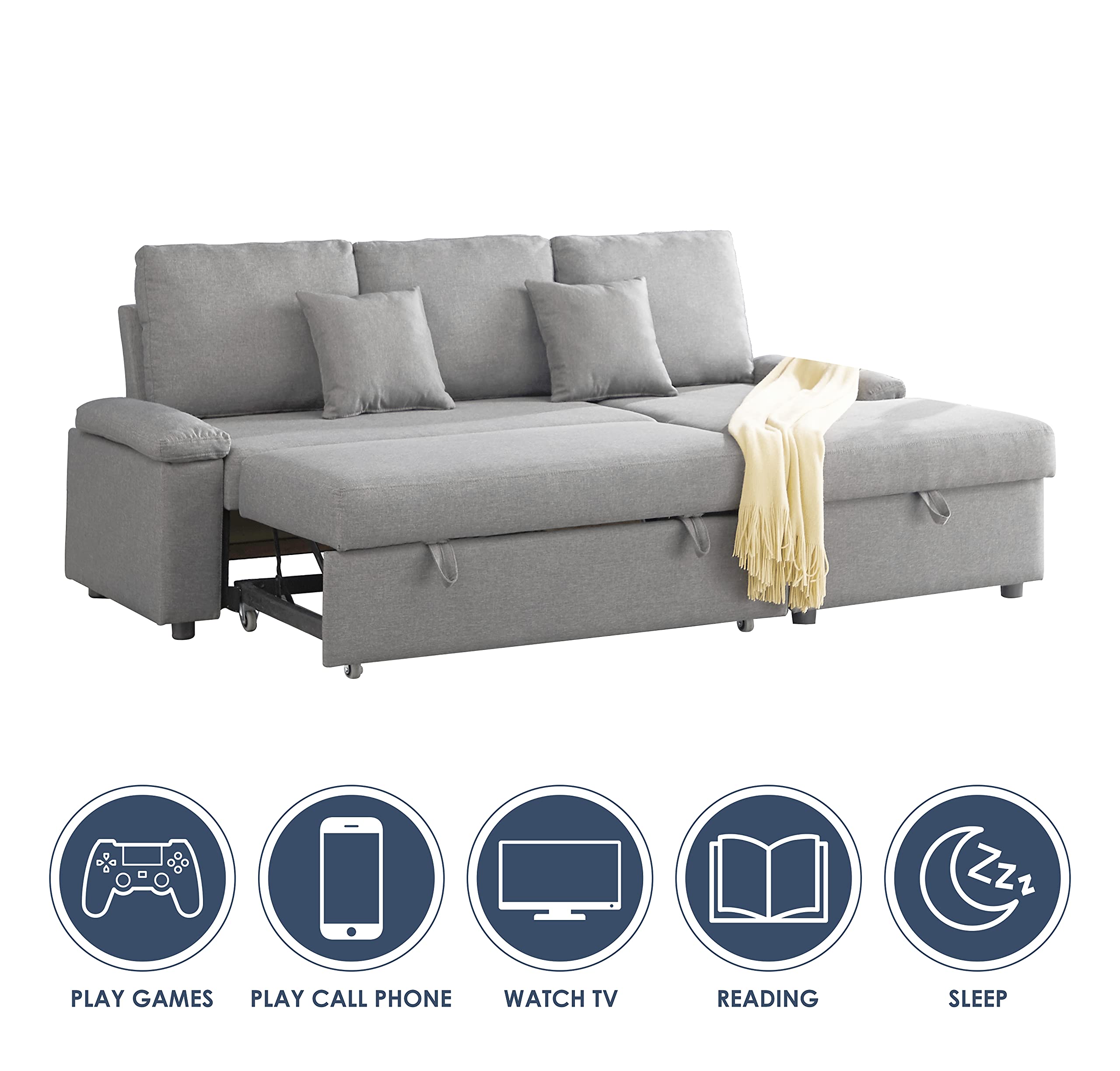 GOOD & GRACIOUS Sectional Sleeper Sofa Couch with Pull Out Bed, L Shaped Modern Sectional Sofa Bed with Chaise Lounge and Storage Function for Living Room, 34.65" x 32.68" x 86.61", Light Gray