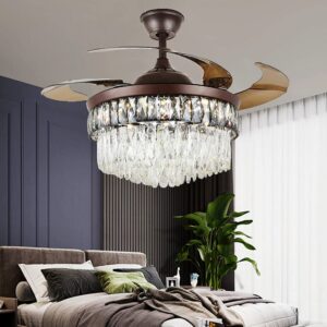 ruiwing 42" luxury ceiling fan contemporary chic crystal chandelier fan brown retractable ceiling fans light led 3 color setting for bedroom living room