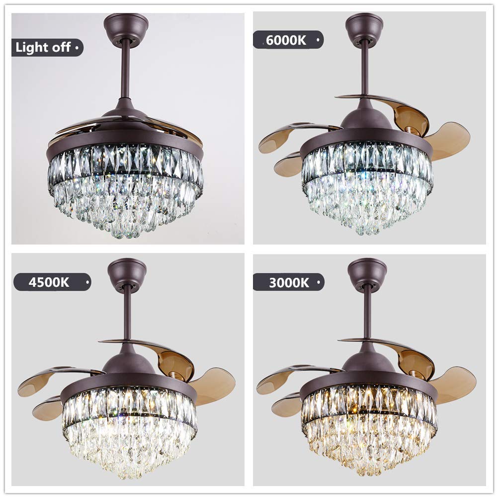 Ruiwing 42" Luxury Ceiling Fan Contemporary Chic Crystal Chandelier Fan Brown Retractable Ceiling Fans Light LED 3 Color Setting for Bedroom Living Room