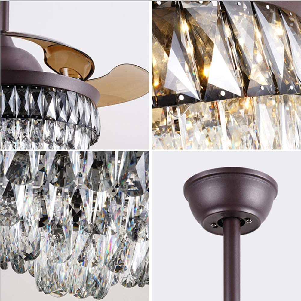 Ruiwing 42" Luxury Ceiling Fan Contemporary Chic Crystal Chandelier Fan Brown Retractable Ceiling Fans Light LED 3 Color Setting for Bedroom Living Room