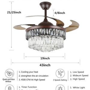 Ruiwing 42" Luxury Ceiling Fan Contemporary Chic Crystal Chandelier Fan Brown Retractable Ceiling Fans Light LED 3 Color Setting for Bedroom Living Room