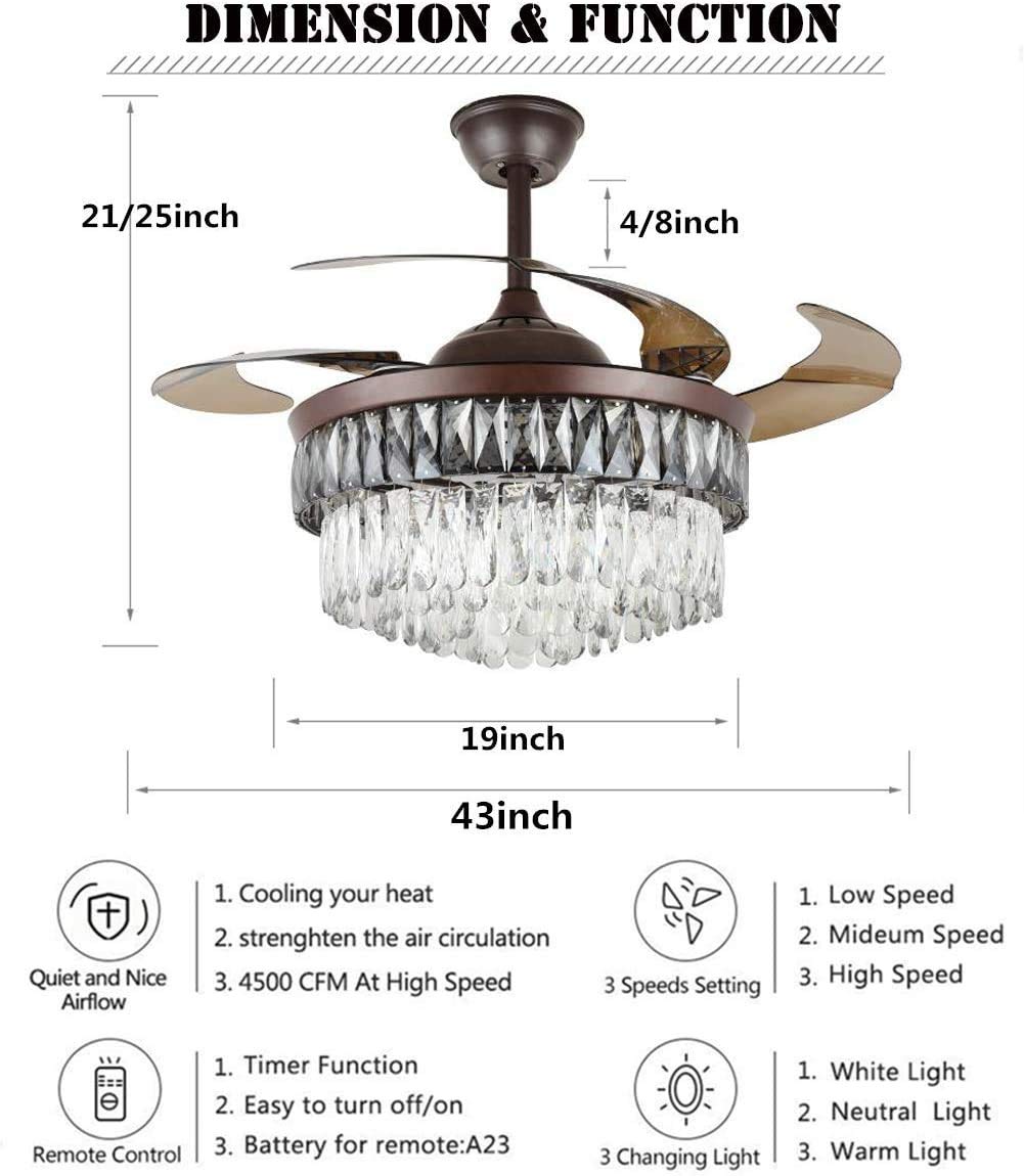 Ruiwing 42" Luxury Ceiling Fan Contemporary Chic Crystal Chandelier Fan Brown Retractable Ceiling Fans Light LED 3 Color Setting for Bedroom Living Room