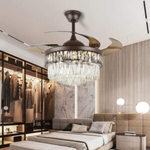 Ruiwing 42" Luxury Ceiling Fan Contemporary Chic Crystal Chandelier Fan Brown Retractable Ceiling Fans Light LED 3 Color Setting for Bedroom Living Room