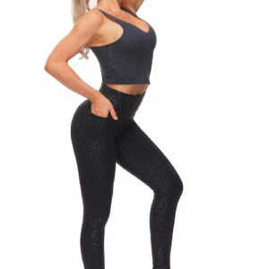 THE GYM PEOPLE Tummy Control Workout Leggings with Pockets High Waist Athletic Yoga Pants for Women Running, Fitness (Black Leopard, Large)