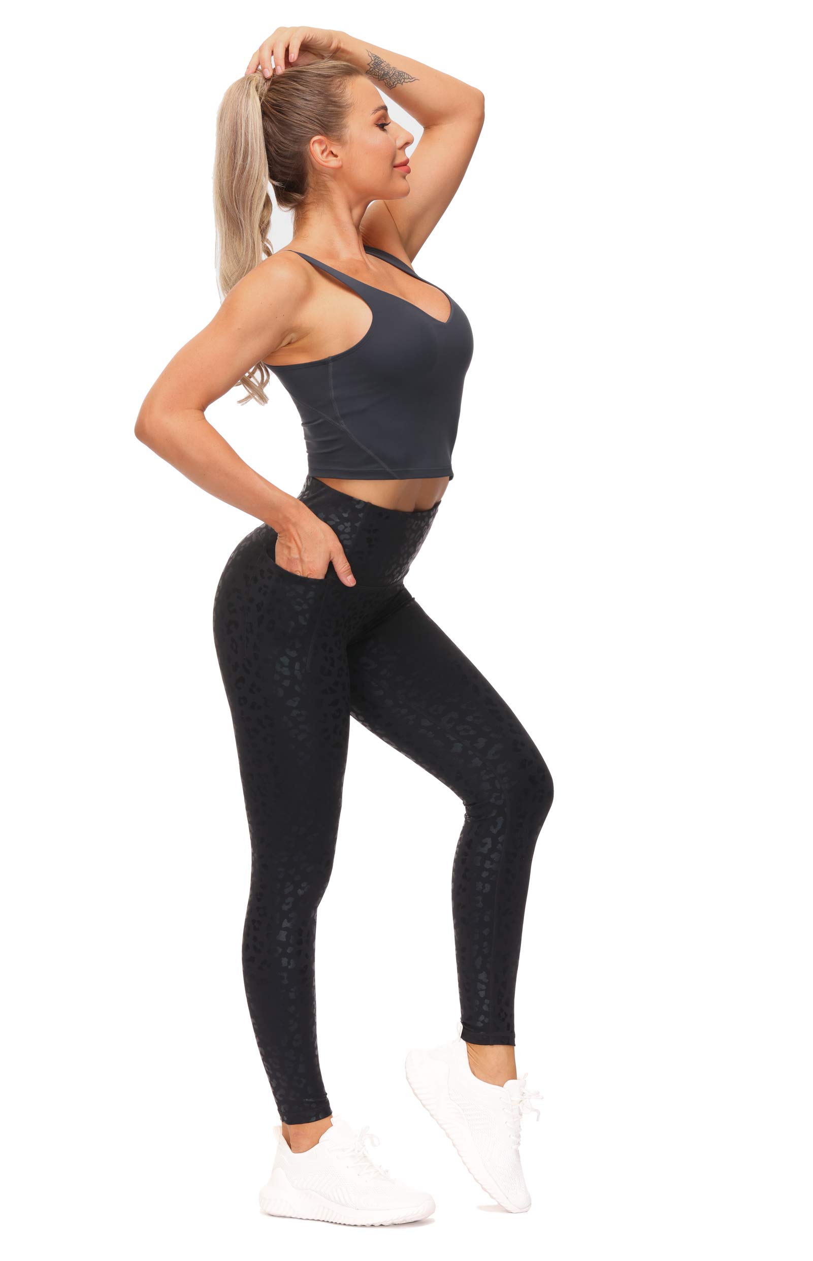 THE GYM PEOPLE Tummy Control Workout Leggings with Pockets High Waist Athletic Yoga Pants for Women Running, Fitness (Black Leopard, Large)