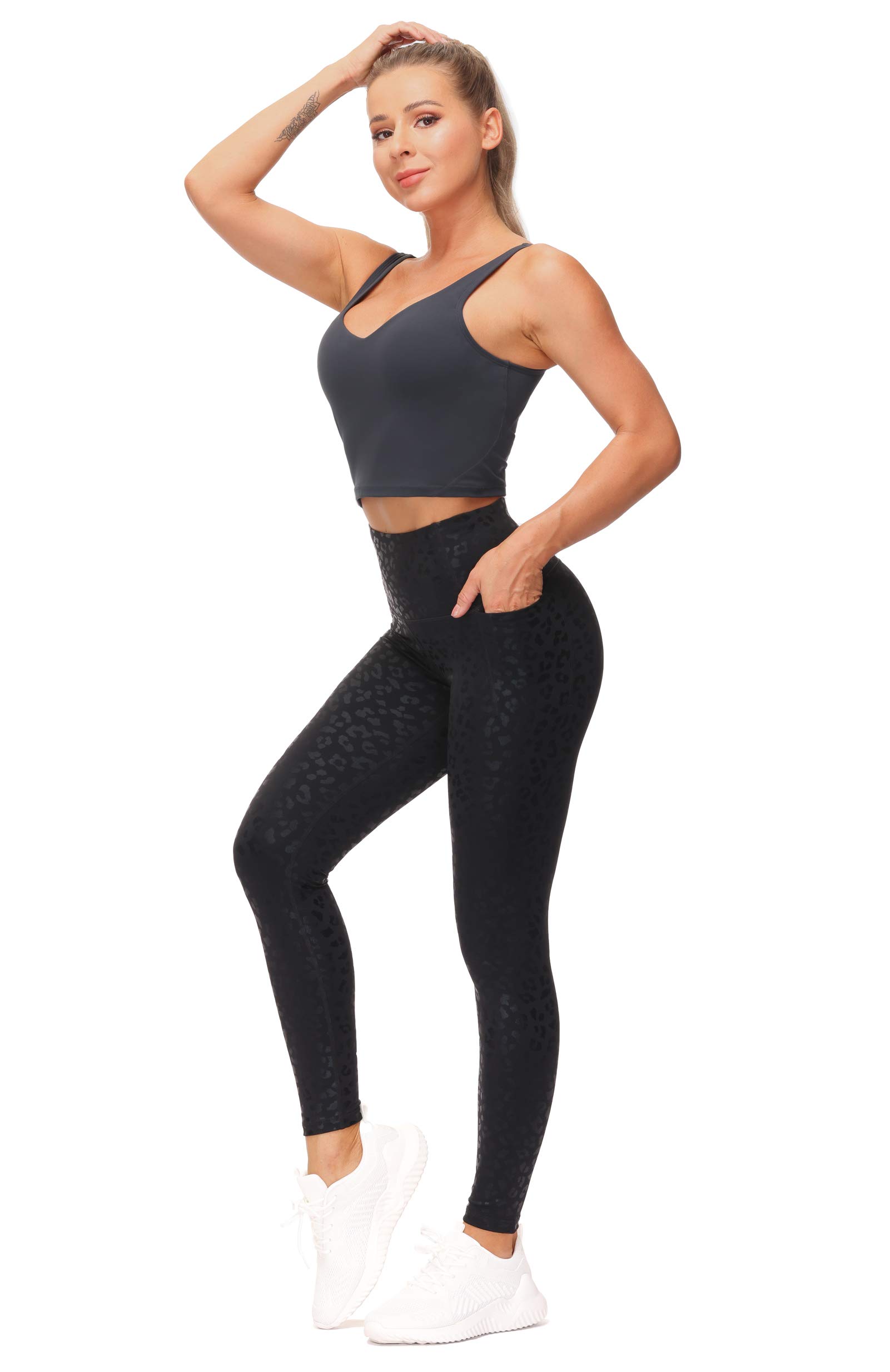 THE GYM PEOPLE Tummy Control Workout Leggings with Pockets High Waist Athletic Yoga Pants for Women Running, Fitness (Black Leopard, Large)