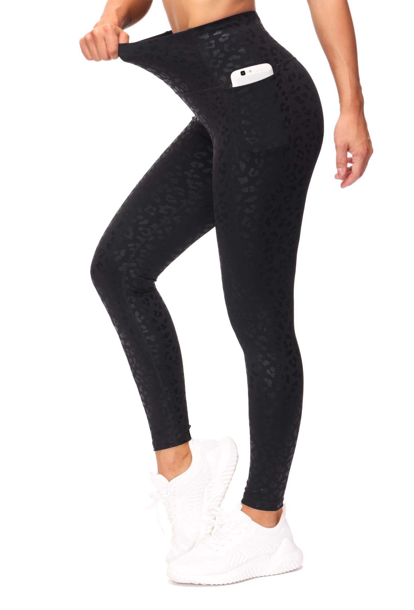 THE GYM PEOPLE Tummy Control Workout Leggings with Pockets High Waist Athletic Yoga Pants for Women Running, Fitness (Black Leopard, Large)