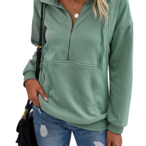 PRETTYGARDEN Women’s Casual Long Sleeve Lapel Zipper Sweatshirt Drawstring Loose Pullover Tops Green