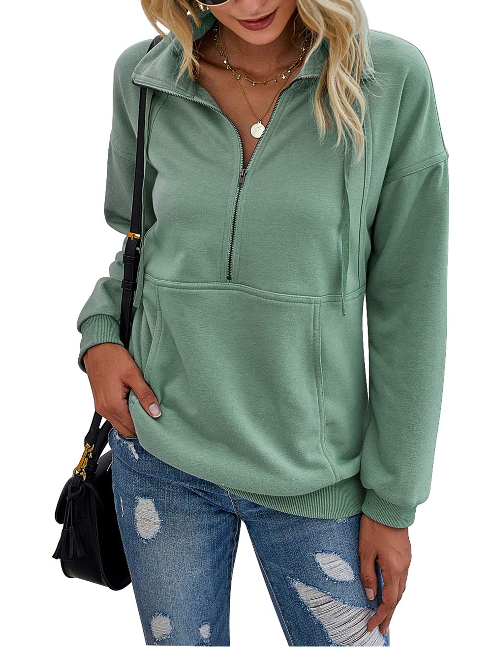 PRETTYGARDEN Women’s Casual Long Sleeve Lapel Zipper Sweatshirt Drawstring Loose Pullover Tops Green