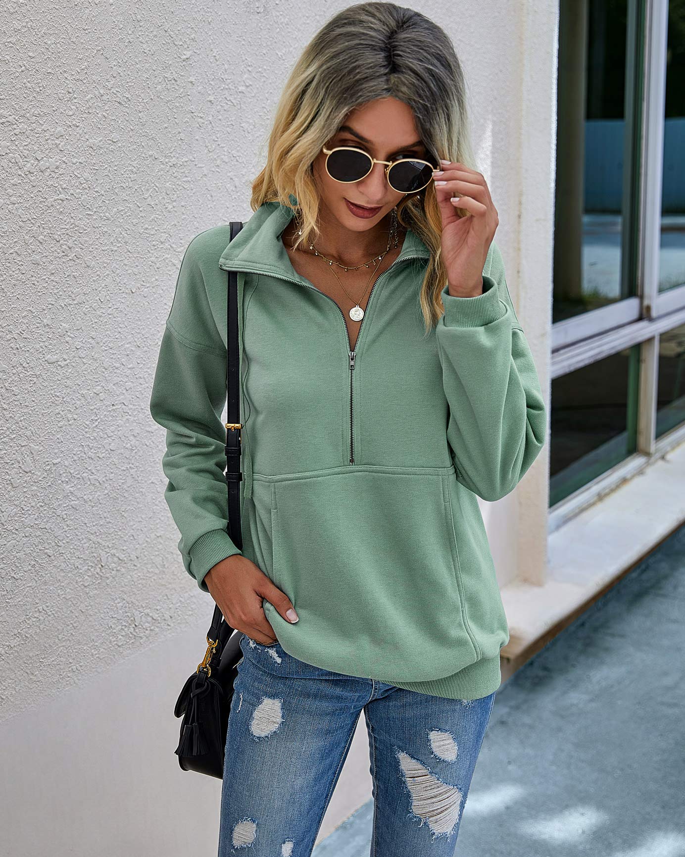 PRETTYGARDEN Women’s Casual Long Sleeve Lapel Zipper Sweatshirt Drawstring Loose Pullover Tops Green