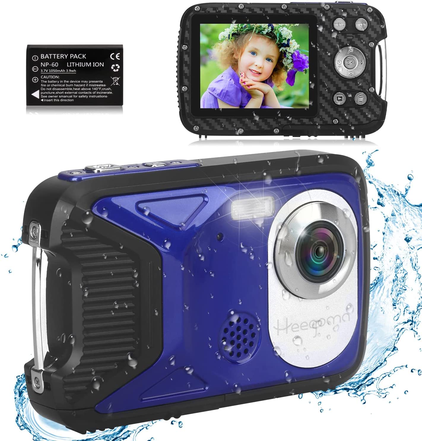 Waterproof Digital Camera 1080P 21MP Underwater Kids Camera with 2.8" LCD Screen 8X Digital Zoom Rechargeable Point and Shoot Camera Compact Portable Digital Camera for Kids Students,Teens Blue