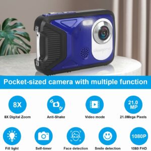 Waterproof Digital Camera 1080P 21MP Underwater Kids Camera with 2.8" LCD Screen 8X Digital Zoom Rechargeable Point and Shoot Camera Compact Portable Digital Camera for Kids Students,Teens Blue