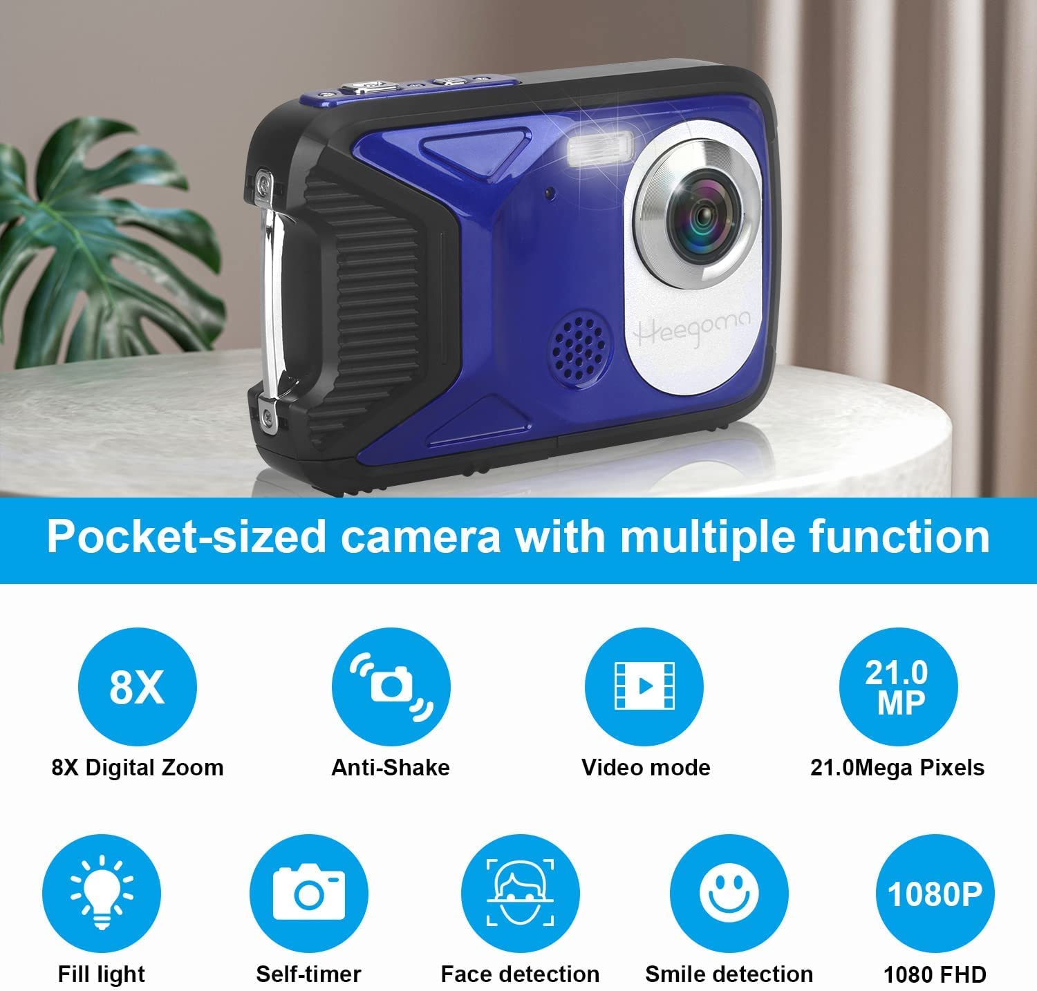 Waterproof Digital Camera 1080P 21MP Underwater Kids Camera with 2.8" LCD Screen 8X Digital Zoom Rechargeable Point and Shoot Camera Compact Portable Digital Camera for Kids Students,Teens Blue