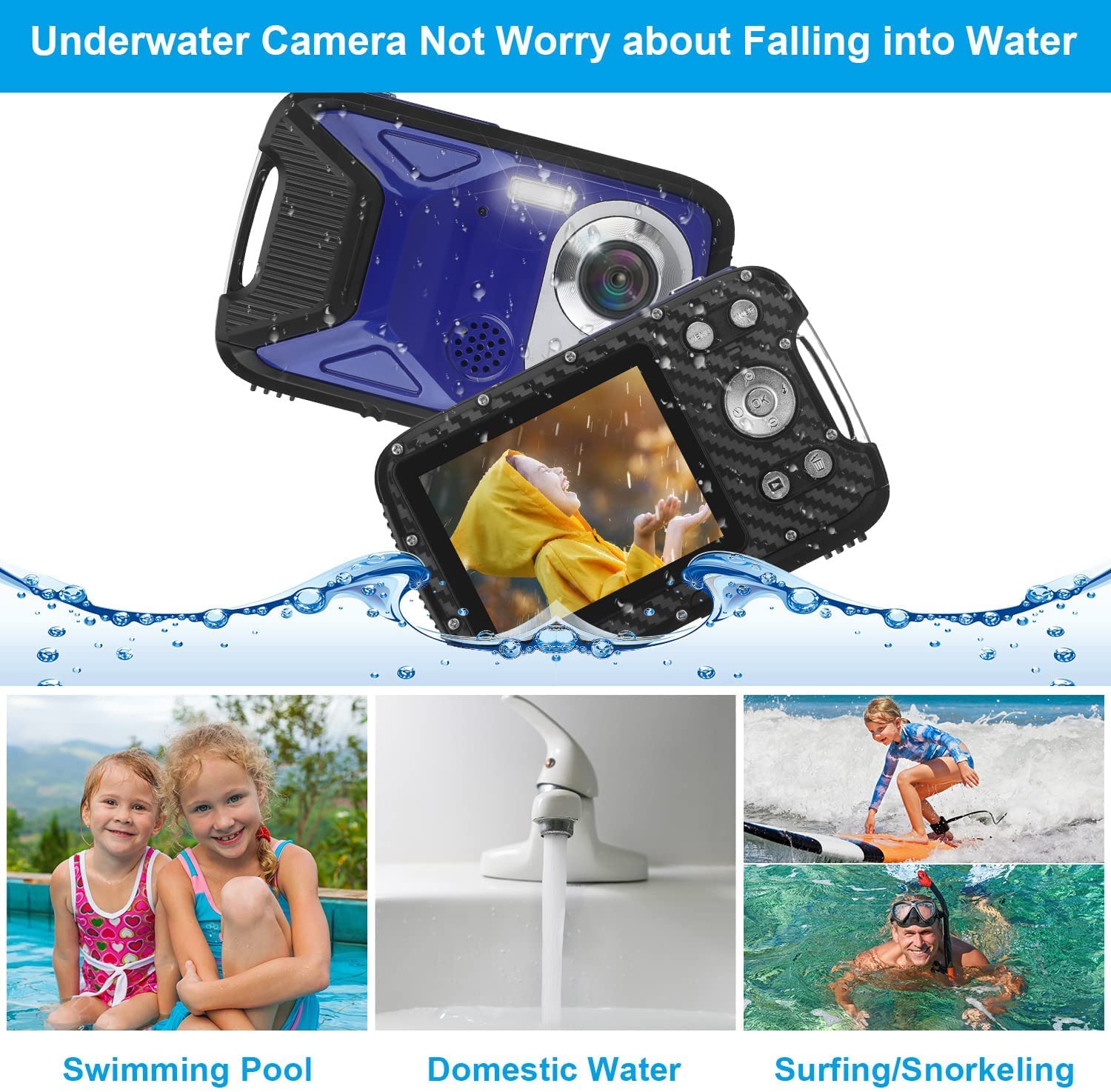 Waterproof Digital Camera 1080P 21MP Underwater Kids Camera with 2.8" LCD Screen 8X Digital Zoom Rechargeable Point and Shoot Camera Compact Portable Digital Camera for Kids Students,Teens Blue