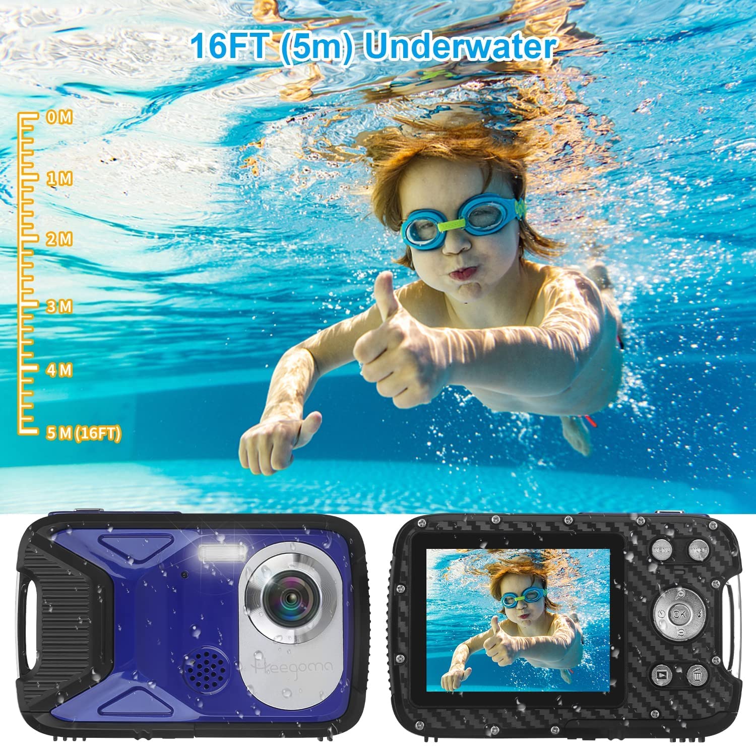 Waterproof Digital Camera 1080P 21MP Underwater Kids Camera with 2.8" LCD Screen 8X Digital Zoom Rechargeable Point and Shoot Camera Compact Portable Digital Camera for Kids Students,Teens Blue