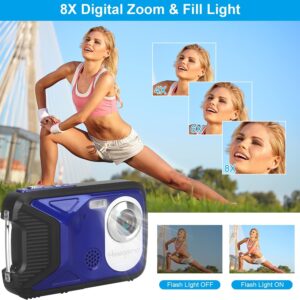 Waterproof Digital Camera 1080P 21MP Underwater Kids Camera with 2.8" LCD Screen 8X Digital Zoom Rechargeable Point and Shoot Camera Compact Portable Digital Camera for Kids Students,Teens Blue