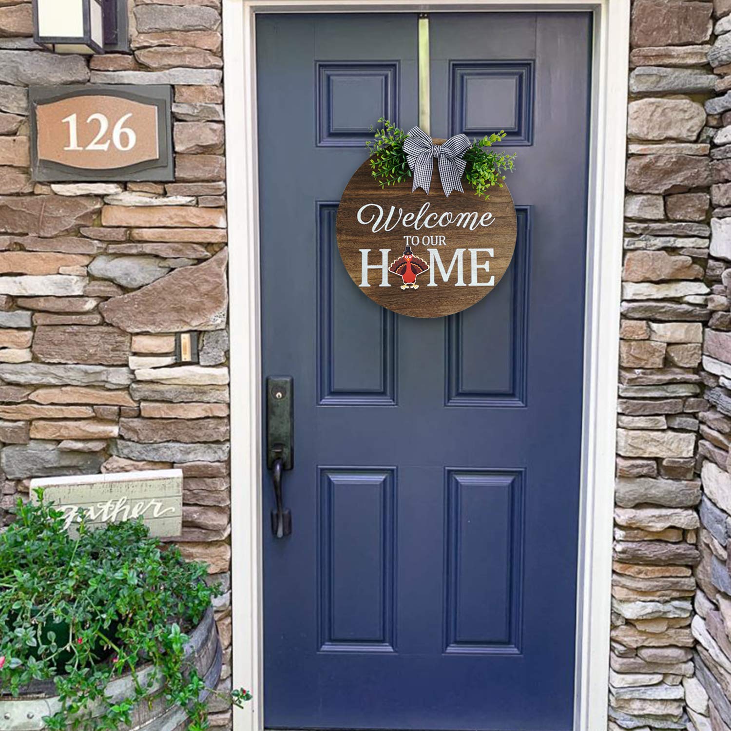 Seasonal Welcome Door Sign Interchangeable Welcome to Our Home Wood Round Wreath with Buffalo Check Plaid Bow Outdoor Holiday Decoration for Spring Summer Autumn Winter 14 Pieces Hanging Ornaments