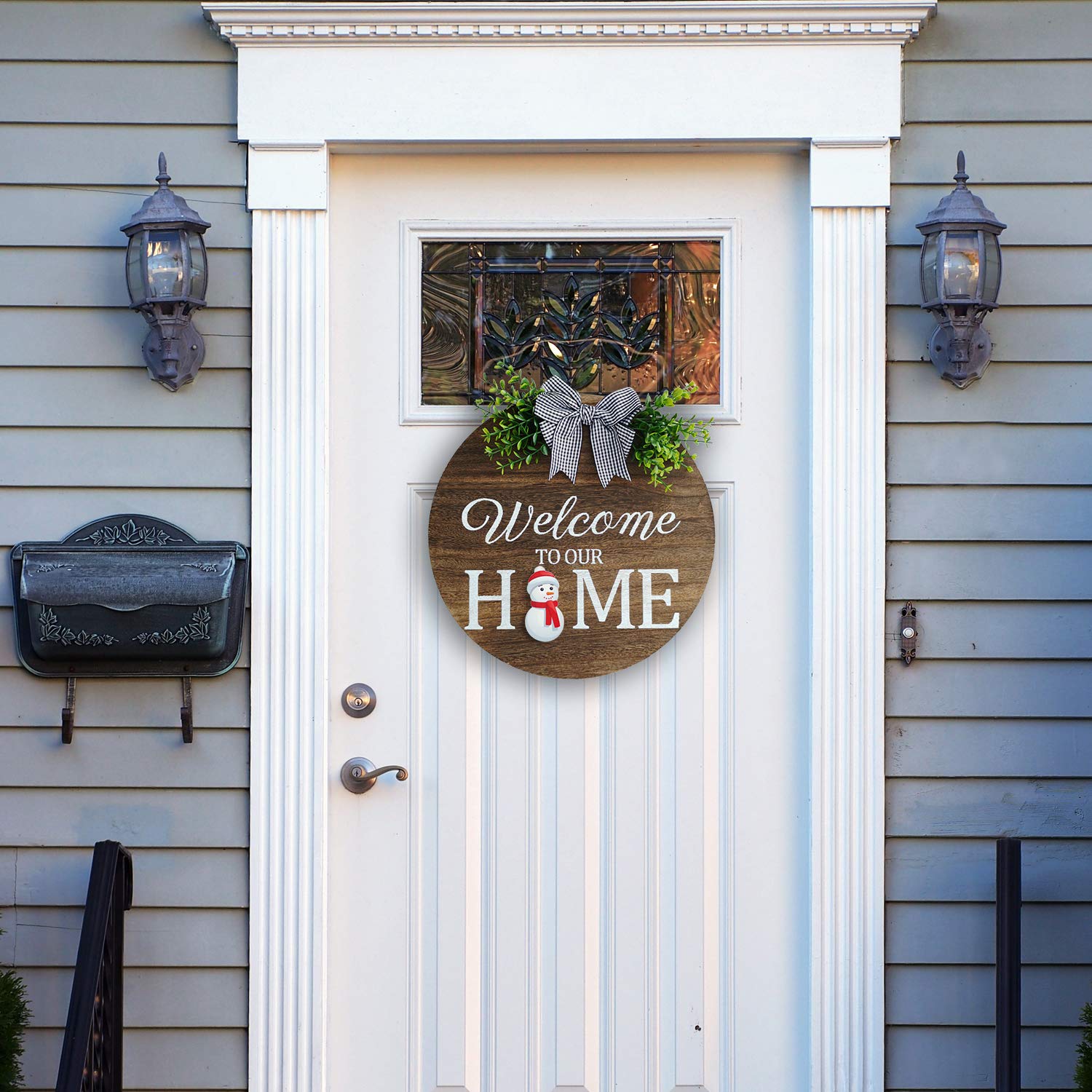 Seasonal Welcome Door Sign Interchangeable Welcome to Our Home Wood Round Wreath with Buffalo Check Plaid Bow Outdoor Holiday Decoration for Spring Summer Autumn Winter 14 Pieces Hanging Ornaments