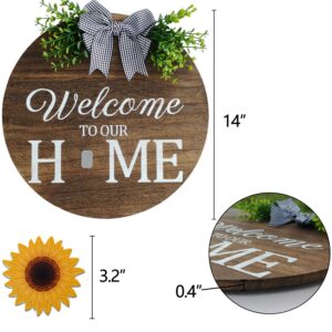 Seasonal Welcome Door Sign Interchangeable Welcome to Our Home Wood Round Wreath with Buffalo Check Plaid Bow Outdoor Holiday Decoration for Spring Summer Autumn Winter 14 Pieces Hanging Ornaments