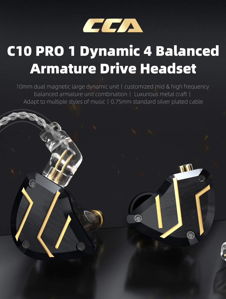 CCA C10 Pro in-Ear Monitor,HiFi 1DD 4BA Hybrid Five Drivers in-Ear Earphone,Aluminum Alloy Shell+Resin Cavity Wired Earbuds with 0.75mm CPin Gold Plated Detachable Cable (No Mic, C10pro Black)