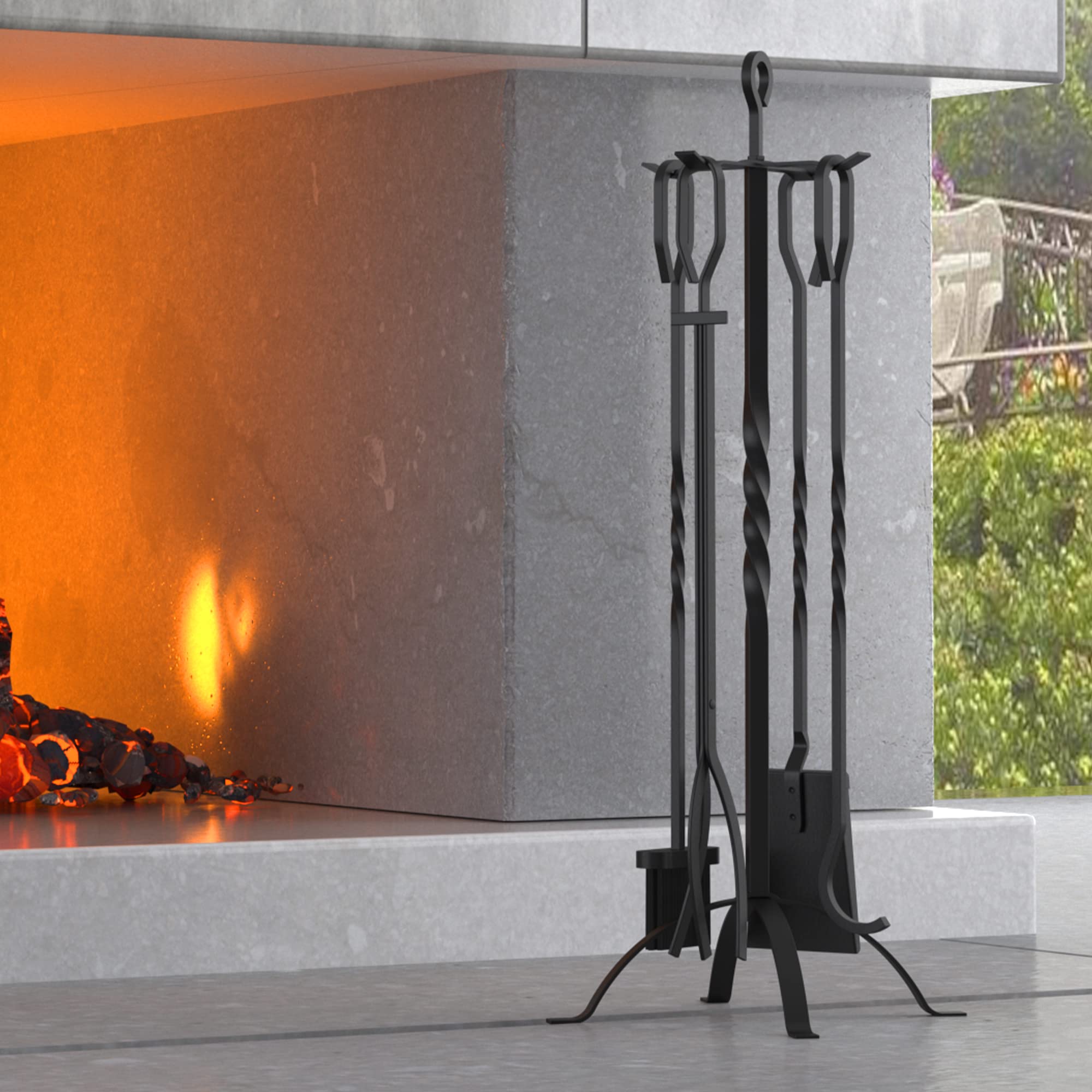 Fire Beauty 5 Pieces Fireplace Tools Sets Fireplace Accessories Tools Holder with Handles Tools for Indoor Fireplace Decor Outdoor Fire Pit Modern Tool(Black)