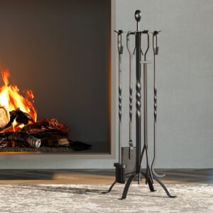 Fire Beauty 5 Pieces Fireplace Tools Sets Fireplace Accessories Tools Holder with Handles Tools for Indoor Fireplace Decor Outdoor Fire Pit Modern Tool(Black)