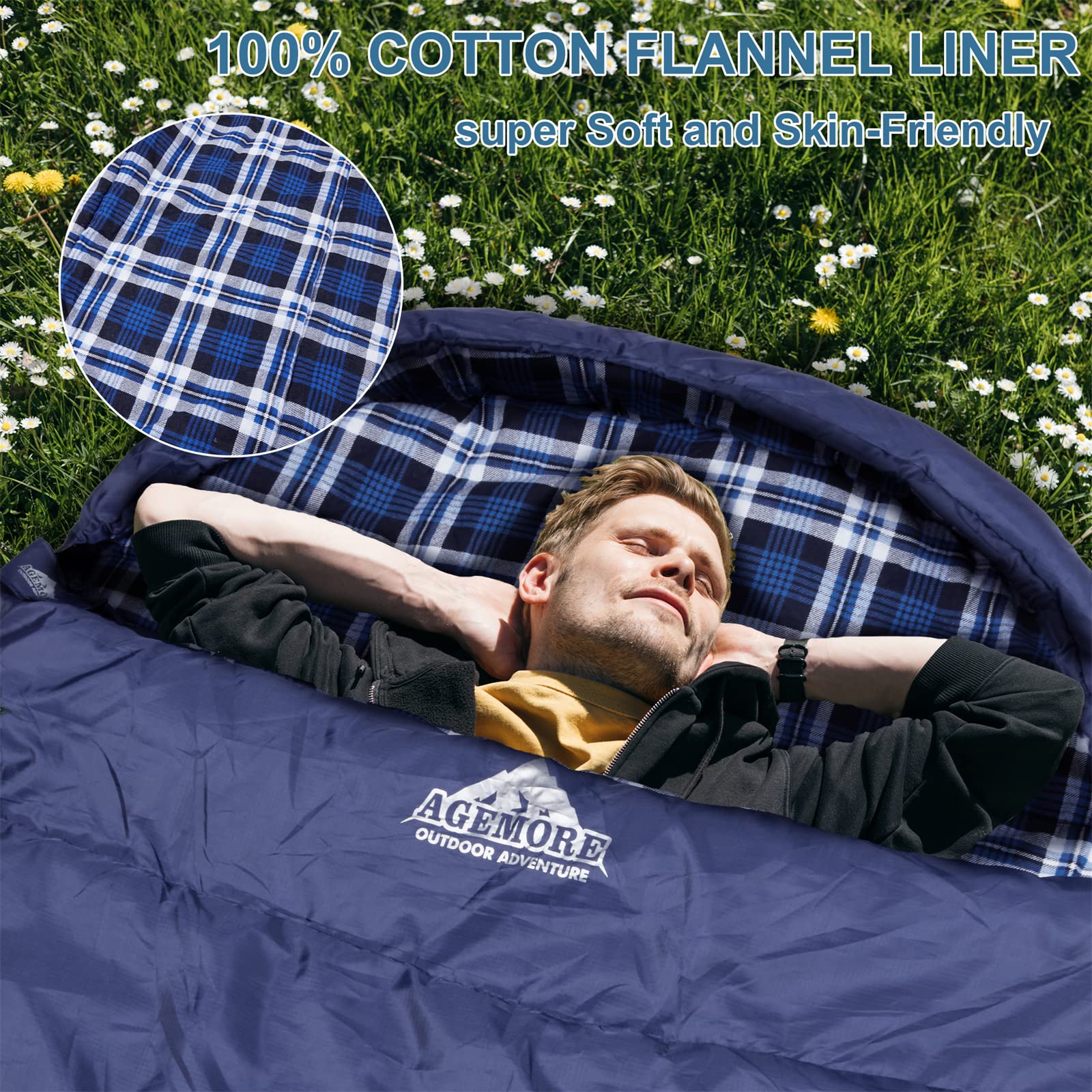 AGEMORE Cotton Flannel Sleeping Bag for Adults, Lightweight and Water Resistant Sleeping Bag for Warm Weather with 100% Cotton Lining, Great for Camping Backpacking, Hiking, Travel, Indoor and Outdoor