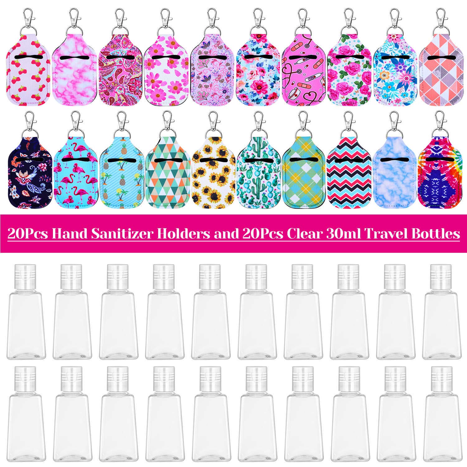 shynek Hand Sanitizer Holders, 40pcs Empty Travel Size Bottle and Keychain Holders Set Include 20pcs Flip Cap Reusable Bottles, 20pcs Reusable Bottles Keychain Carriers for Hand Sanitizer