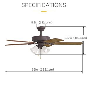 Inlight 52 Inch Indoor Ceiling Fan with 3 Lights and Pull Chain Control, Home Decor Ceiling Fan, Oil Rubber Bronze Reversible Motor, 5 Blades Low Profile Ceiling fan for Bedroom, 120V, IN-0702-2-BZ