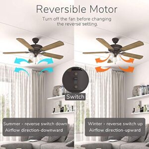 Inlight 52 Inch Indoor Ceiling Fan with 3 Lights and Pull Chain Control, Home Decor Ceiling Fan, Oil Rubber Bronze Reversible Motor, 5 Blades Low Profile Ceiling fan for Bedroom, 120V, IN-0702-2-BZ