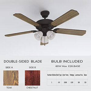 Inlight 52 Inch Indoor Ceiling Fan with 3 Lights and Pull Chain Control, Home Decor Ceiling Fan, Oil Rubber Bronze Reversible Motor, 5 Blades Low Profile Ceiling fan for Bedroom, 120V, IN-0702-2-BZ