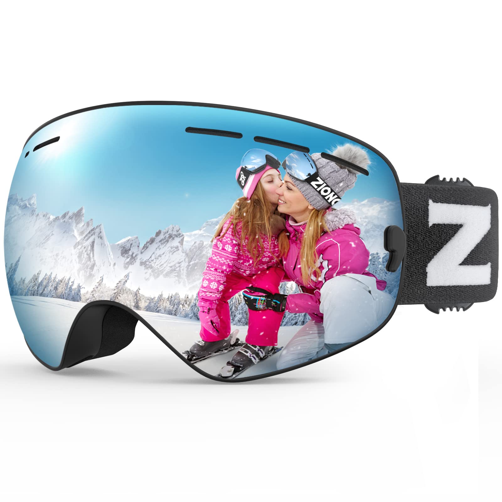 ZIONOR XMINI Kids Ski Snowboard Snow Goggles Detachable Lens UV Protection Anti-fog for Child Boys Girls Youth (VLT 23% White Frame Grey Revo Blue Lens)