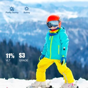 ZIONOR XMINI Kids Ski Snowboard Snow Goggles Detachable Lens UV Protection Anti-fog for Child Boys Girls Youth (VLT 23% White Frame Grey Revo Blue Lens)