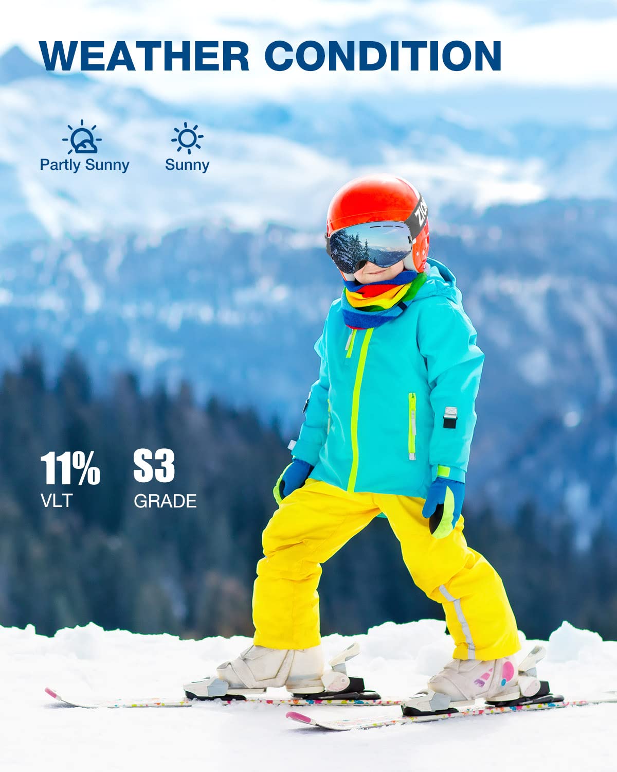 ZIONOR XMINI Kids Ski Snowboard Snow Goggles Detachable Lens UV Protection Anti-fog for Child Boys Girls Youth (VLT 23% White Frame Grey Revo Blue Lens)