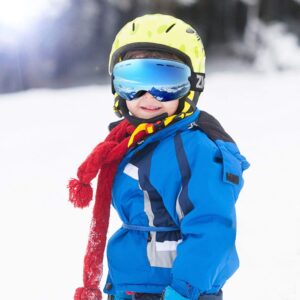 ZIONOR XMINI Kids Ski Snowboard Snow Goggles Detachable Lens UV Protection Anti-fog for Child Boys Girls Youth (VLT 23% White Frame Grey Revo Blue Lens)