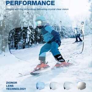 ZIONOR XMINI Kids Ski Snowboard Snow Goggles Detachable Lens UV Protection Anti-fog for Child Boys Girls Youth (VLT 23% White Frame Grey Revo Blue Lens)