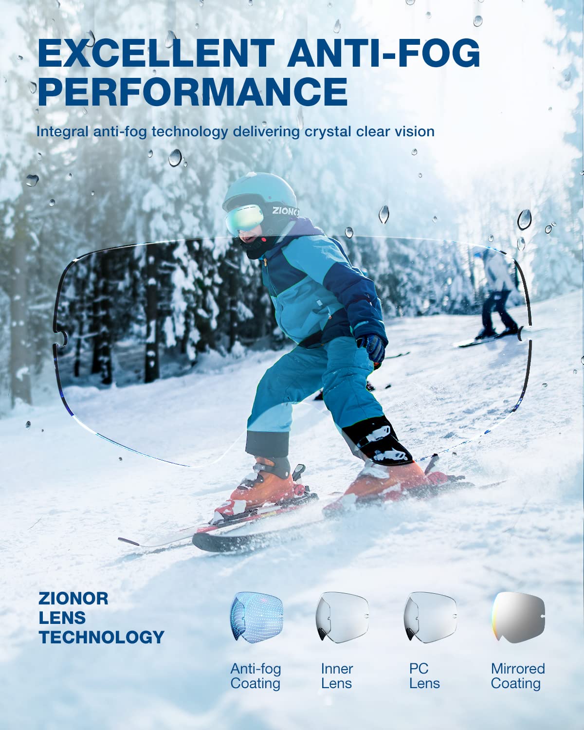 ZIONOR XMINI Kids Ski Snowboard Snow Goggles Detachable Lens UV Protection Anti-fog for Child Boys Girls Youth (VLT 23% White Frame Grey Revo Blue Lens)