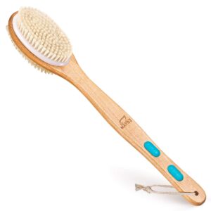 back brush long handle for shower - soft and firm double sided exfoliating bath body scrub brush for men and women - use back showering scrubber wet for washing / scrubbing - use dry for exfoliation