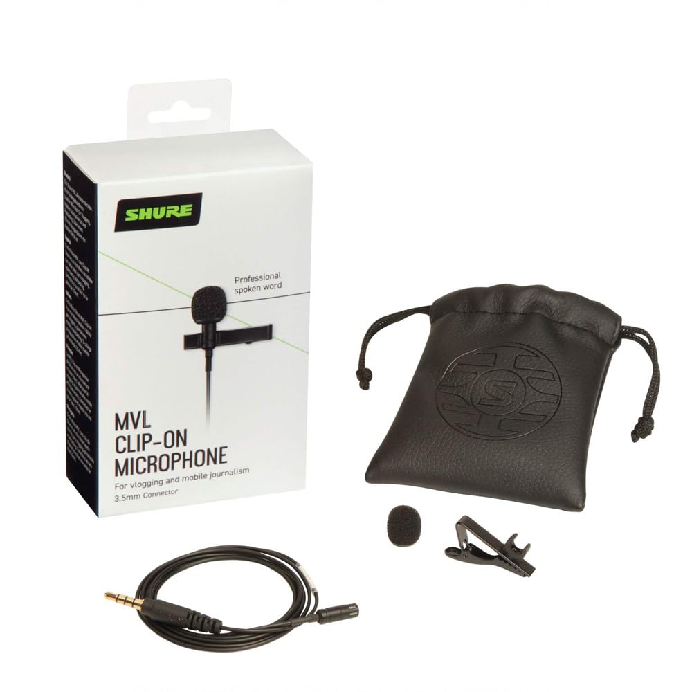 Shure MVL Lavalier Microphone for iPhone & Tablet - External Clip On Mini Lapel Mic for Video Recording & Vlogging with 3.5mm Connector, Windscreen, Mount & Carrying Pouch