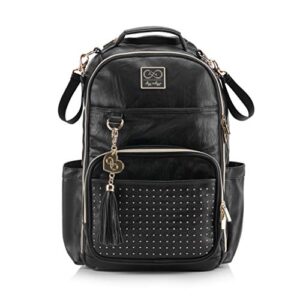 itzy ritzy chelsea + cole diaper bag backpack - studded boss backpack diaper bag includes 19 pockets, changing pad, stroller clips & tassel; black with sweetheart print interior & gold hardware