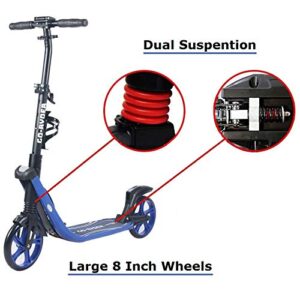 8 inch Large Wheel Kick/Push Scooter for Adults & Teens > Easy Folding > Adjustable Handlebars > Dual Suspension