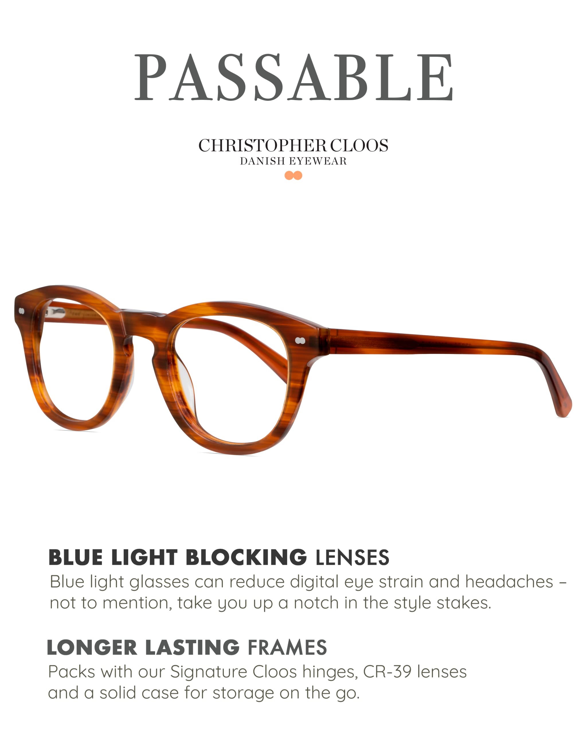 Christopher Cloos - Passable Bourbon - Danish Design Blue Light Glasses for Men & Women - Fashion designer glasses - Computer Glasses - Unisex - Non Prescription - Prescription Ready