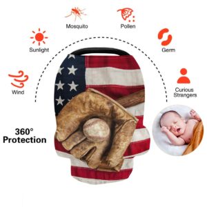 Carseat Canopy Babies Breastfeeding Cover - Vintage Baseball American Flag Nursing Cover Blanket Breathable Baby Boy Stroller Cover Baby Shower Gifts for Girl&Boy