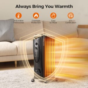 Kismile Portable Electric Radiator Heater, Oil Filled with 3 Heat Settings, Adjustable Thermostat, Overheat & Tip-Over Protection For indoor use, 1500W (Black)