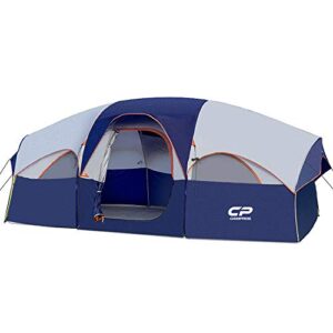 campros tent-8-person-camping-tents, waterproof windproof family tent, 5 large mesh windows, double layer, divided curtain for separated room, portable with carry bag - blue