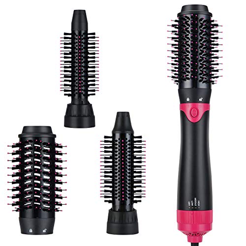 Hot Air Brush, Hair Dryer Brush,3 in 1 Interchangerable Hair Dryer & Volumizer,Ceramic Negative Ion Curling Dryer Styler Brush with 3 Brush Heads (Rose Black)