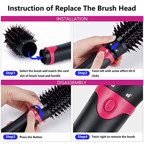 Hot Air Brush, Hair Dryer Brush,3 in 1 Interchangerable Hair Dryer & Volumizer,Ceramic Negative Ion Curling Dryer Styler Brush with 3 Brush Heads (Rose Black)